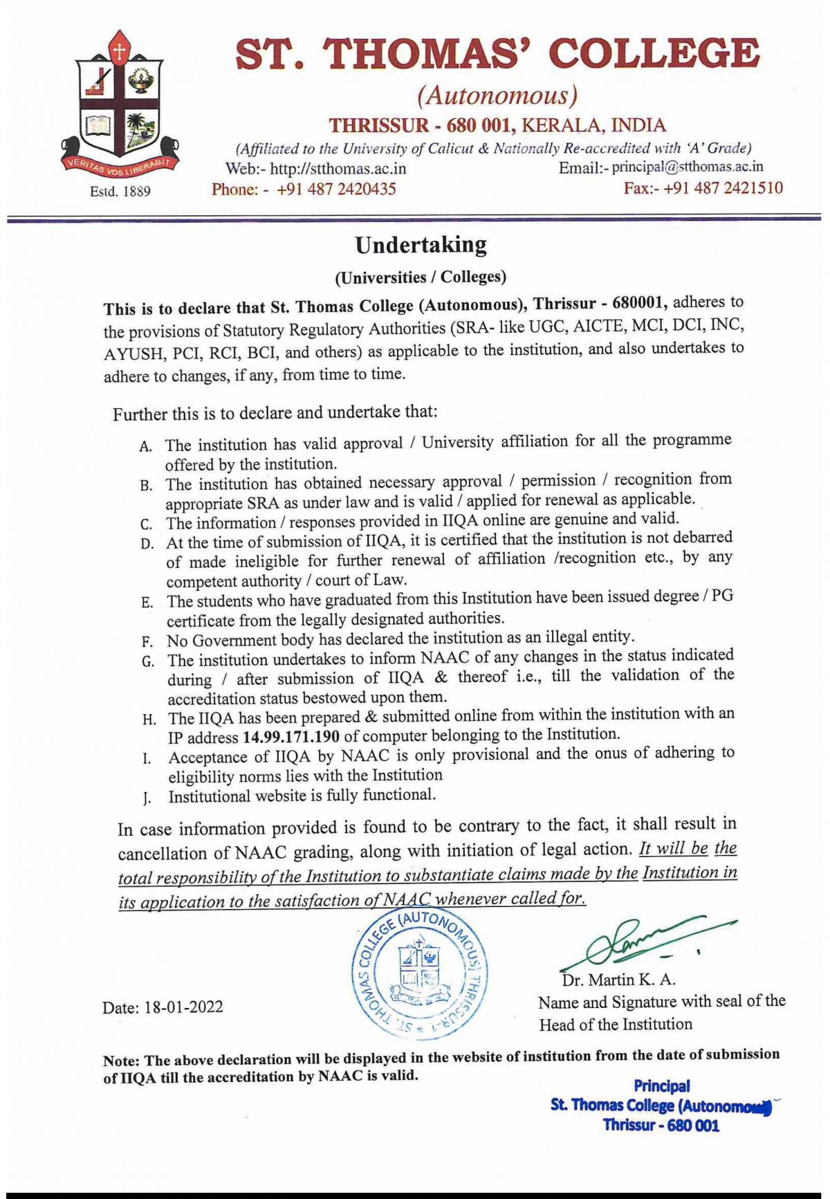 Undertaking - St Thomas College (Autonomous)